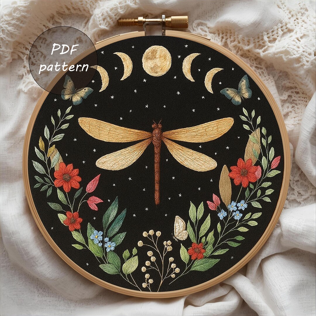 Dragonfly Embroidery Pattern PDF | Floral Hoop Art Design | Mystical ...