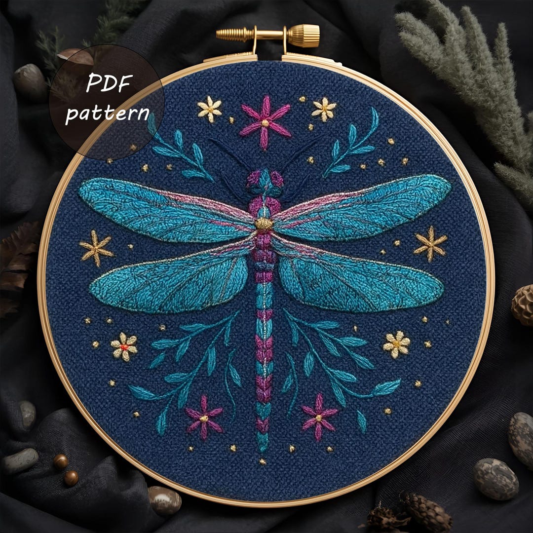 Dragonfly Embroidery Pattern PDF | Floral Hoop Art Design | Mystical ...