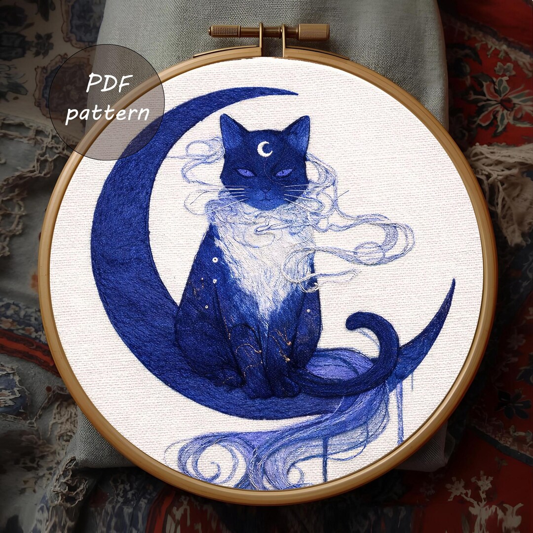 Blue Moon Cat Embroidery Pattern | Celestial Fantasy Hoop Art (PDF ...