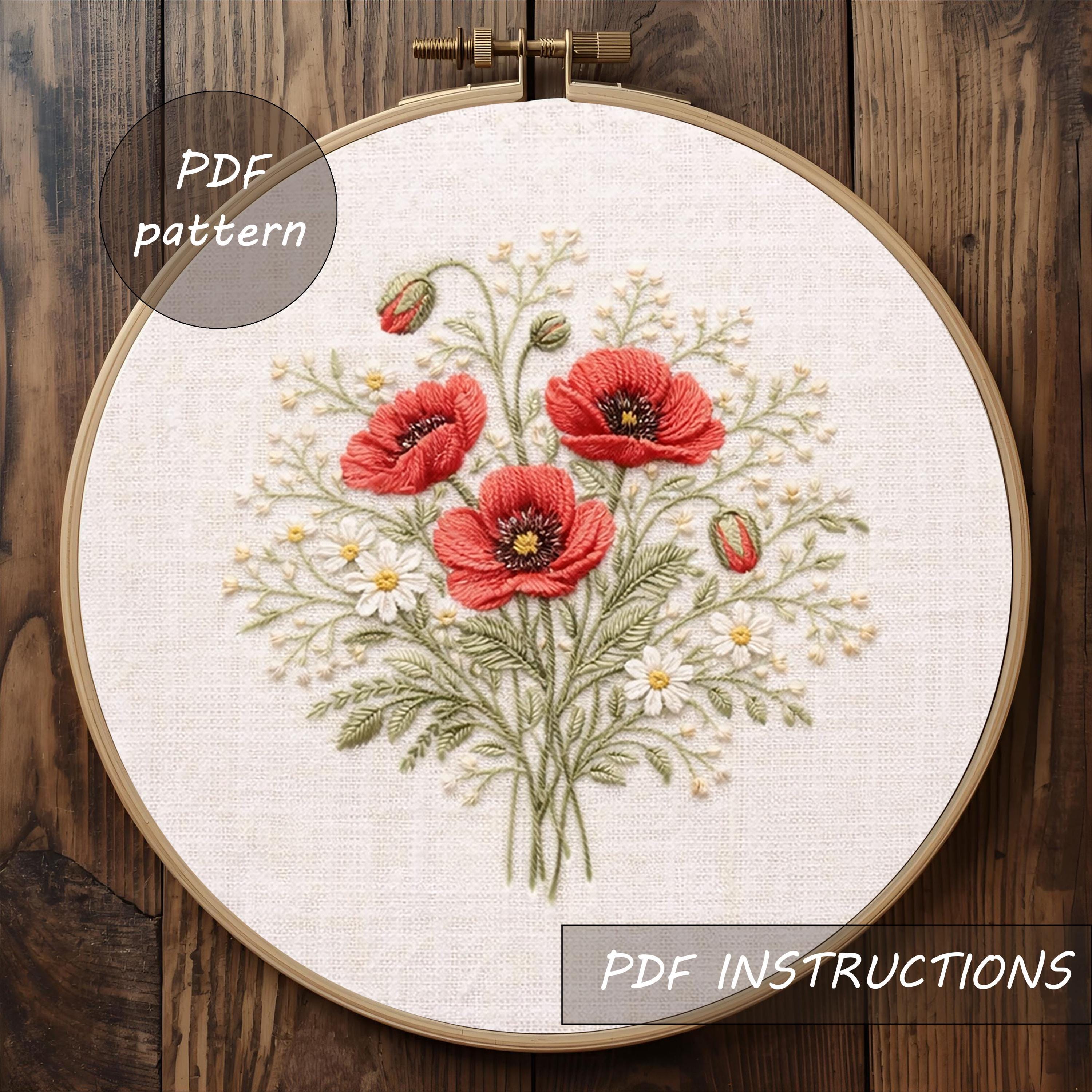 Poppy Wildflower Embroidery Pattern PDF, Botanical Floral Hoop Art ...