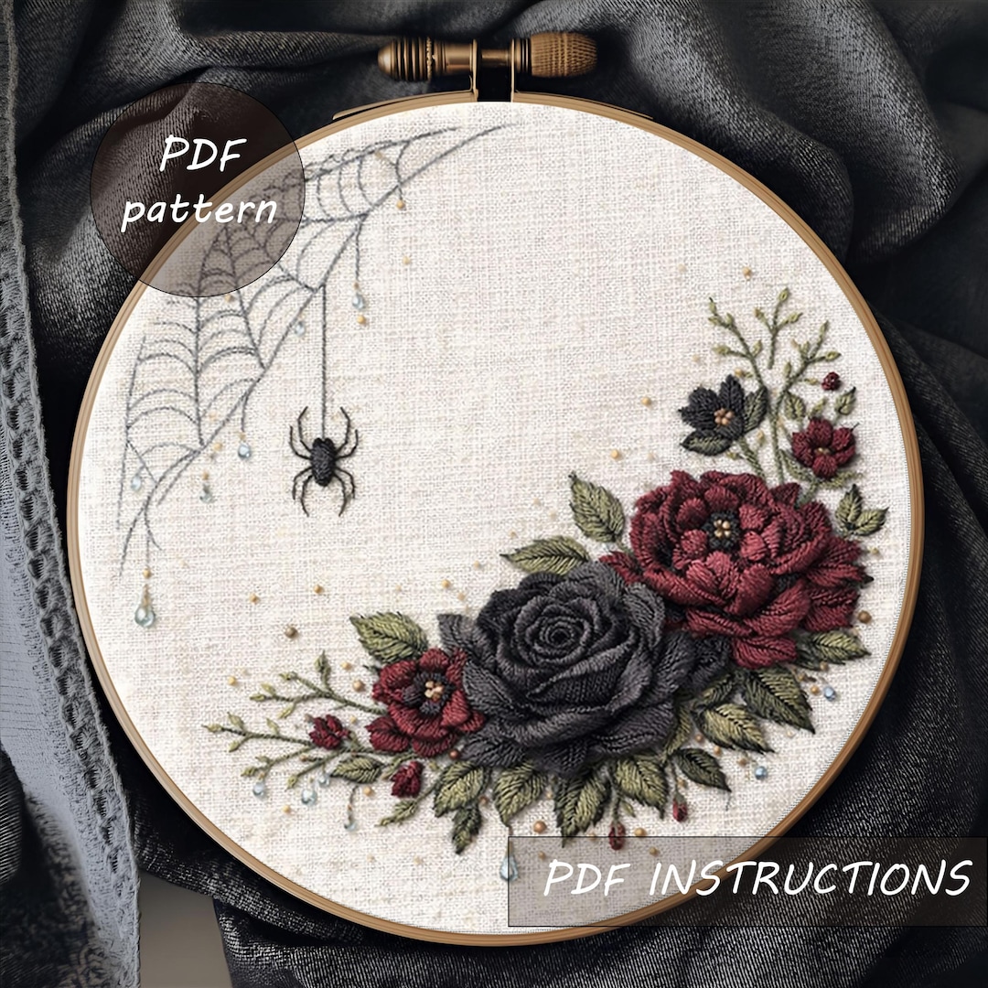 Gothic Spiderweb Embroidery Pattern | Dark Roses Hoop Art (PDF Download ...