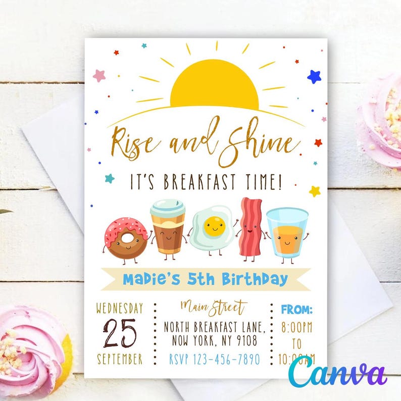 EDITABLE Breakfast Birthday Invitation, Rise and Shine Birthday ...