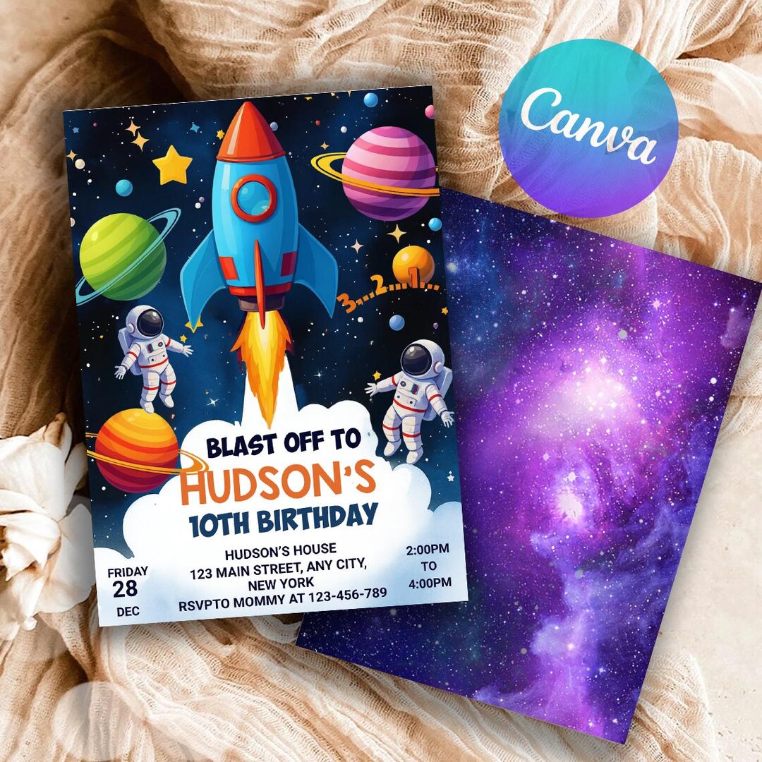 Space Birthday Party Invitation, Astronaut Outer Space Theme Invitation ...