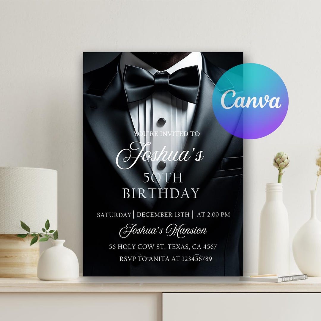 Tuxedo Birthday Invitation, Black Tie Theme Formal Party Invite ...