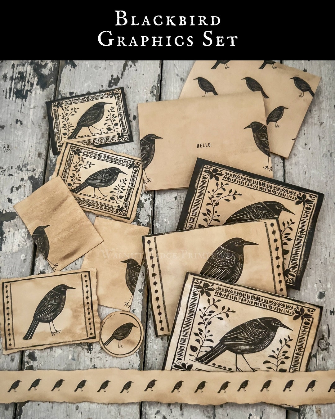 Primitive Folk Art Instant Download Blackbird Graphics Set - Etsy