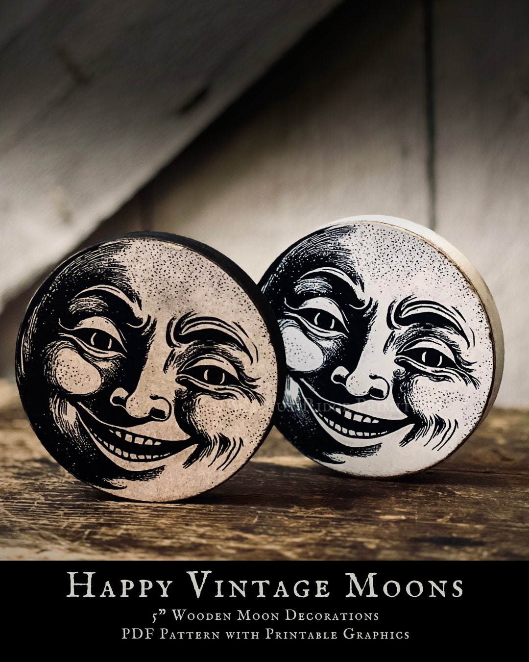 Primitive Folk Art Pattern Happy Vintage Wooden Moons With Printable ...