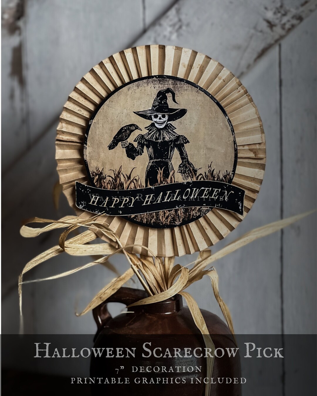 Primitive Folk Art Halloween Scarecrow and Crow Pick Decoration ...