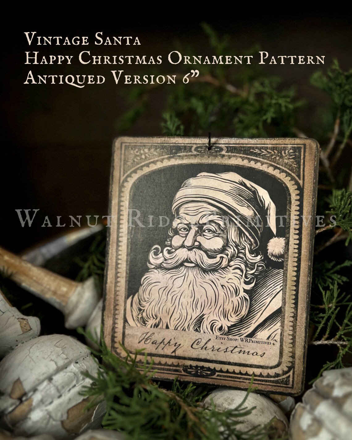 Vintage Happy Christmas Santa Ornament, Primitive Pattern, Instant ...