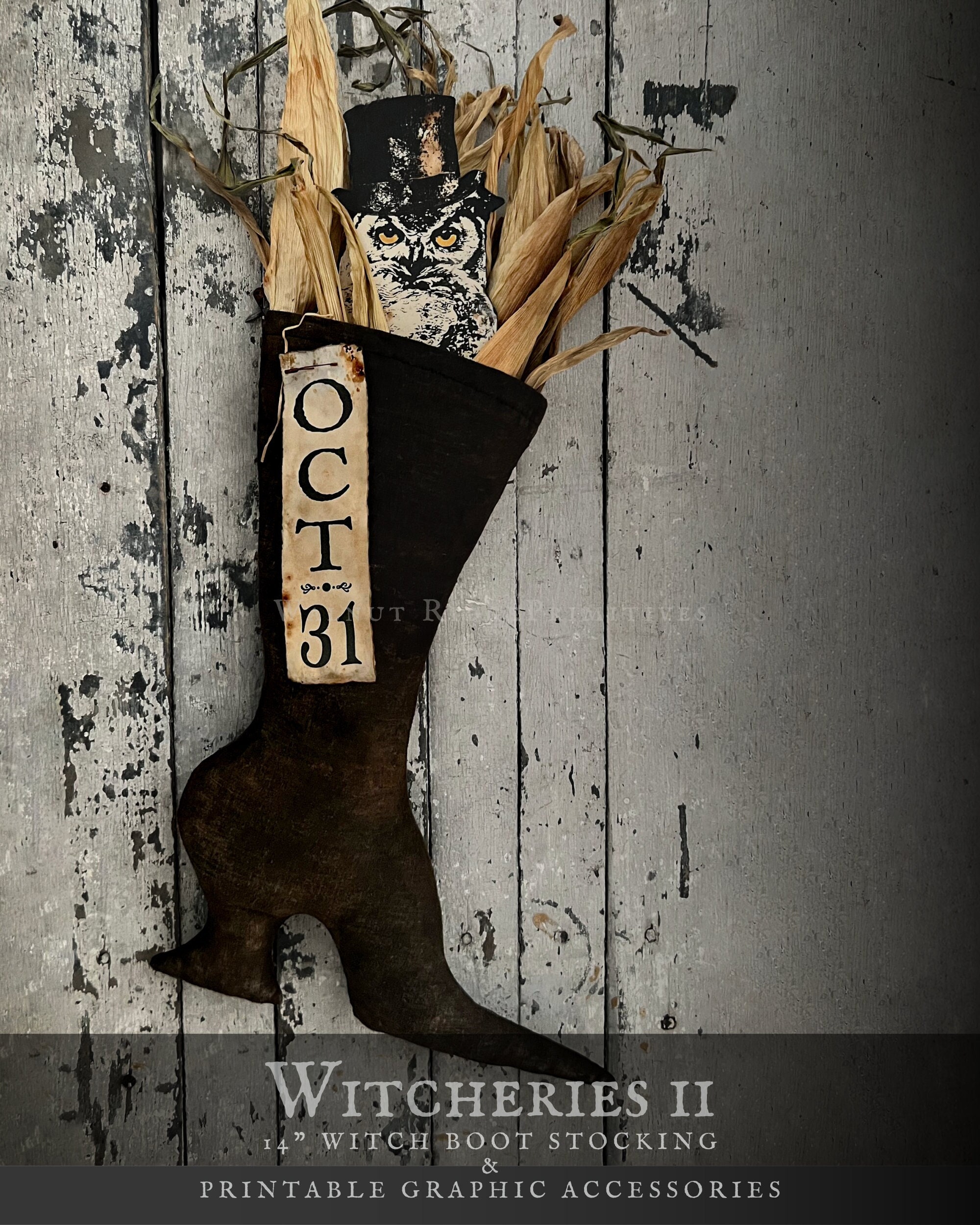 Primitive Pattern Halloween Witch Boot Stocking With Printable Graphics ...
