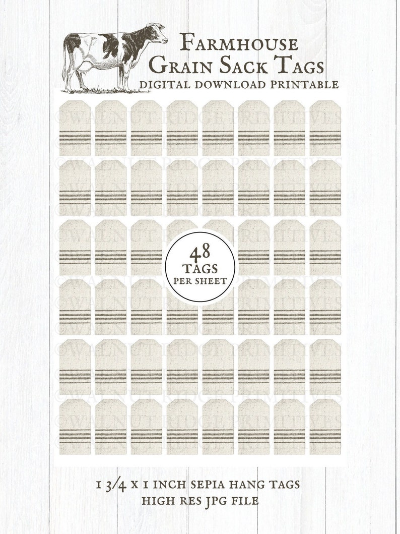 Vintage Farmhouse Sepia Grain Sack Hang Tags Printable Instant Download ...