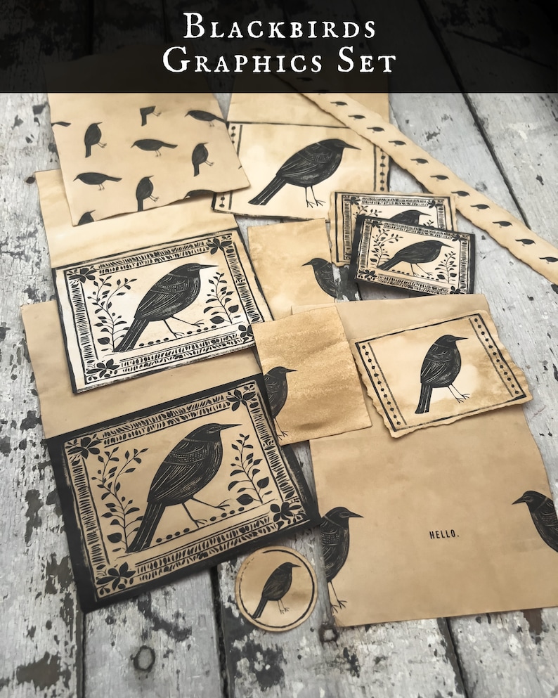 Primitive Folk Art Instant Download Blackbird Graphics Set - Etsy