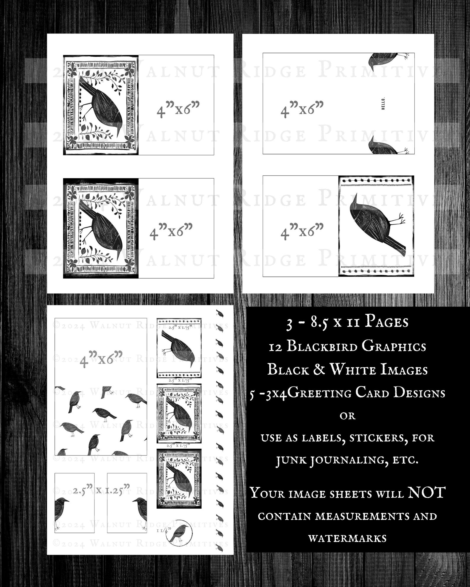 Primitive Folk Art Instant Download Blackbird Graphics Set - Etsy