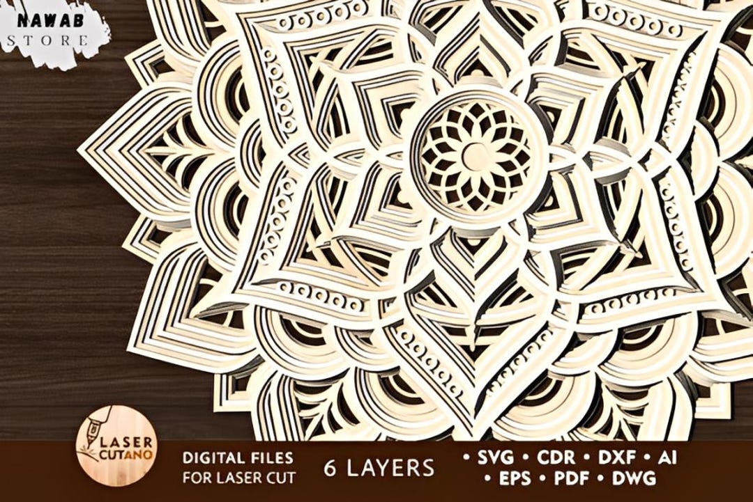 Laser Cut Mandala Flower SVG: 3D Layered Vector File (12x12 In, 6 ...