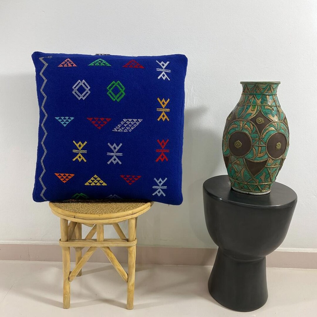 Royal Blue Moroccan Wool Pouf: Handwoven Boho Ottoman - Etsy