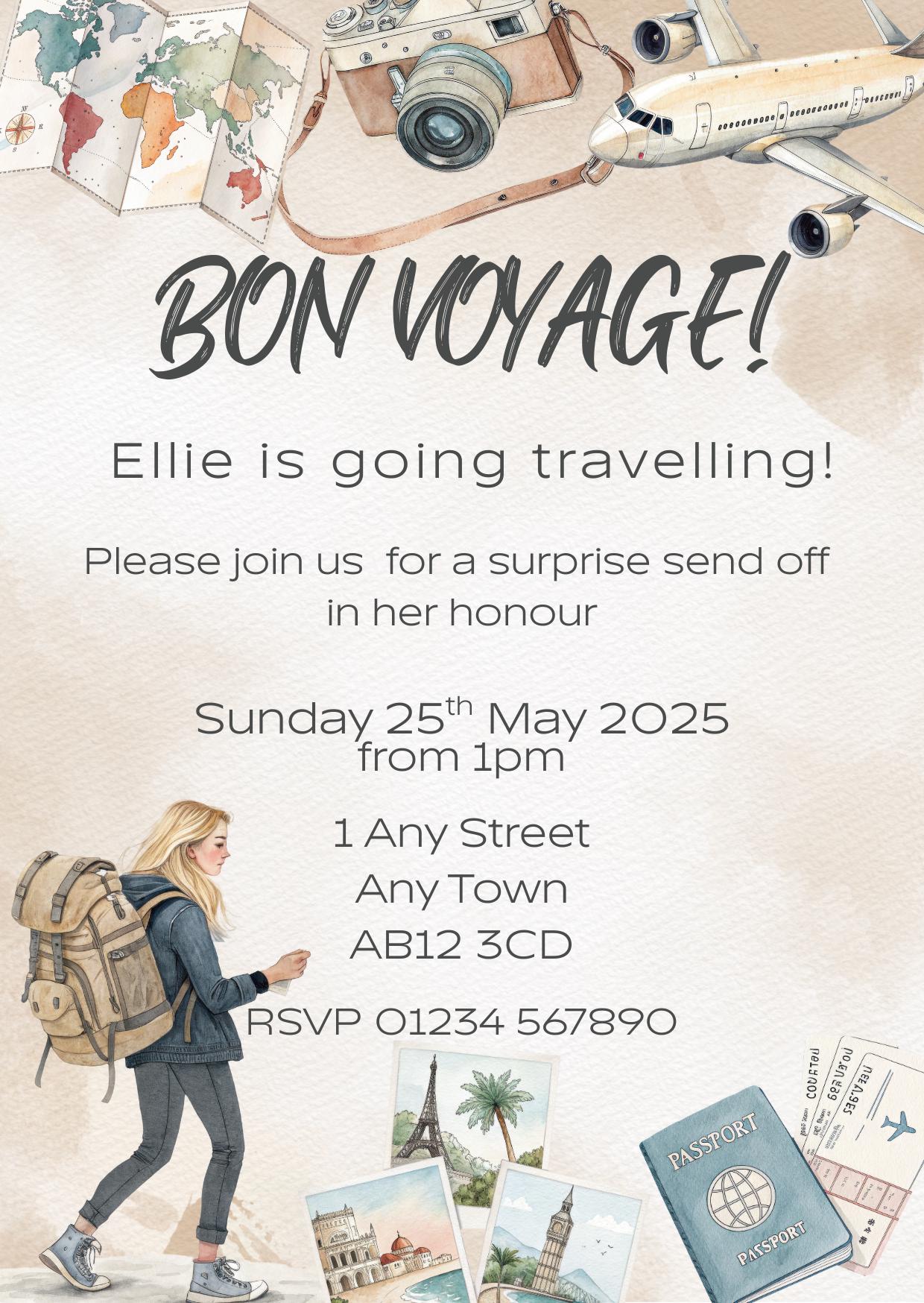 Personalised Bon Voyage Travelling Party Invitation Template, Digital ...