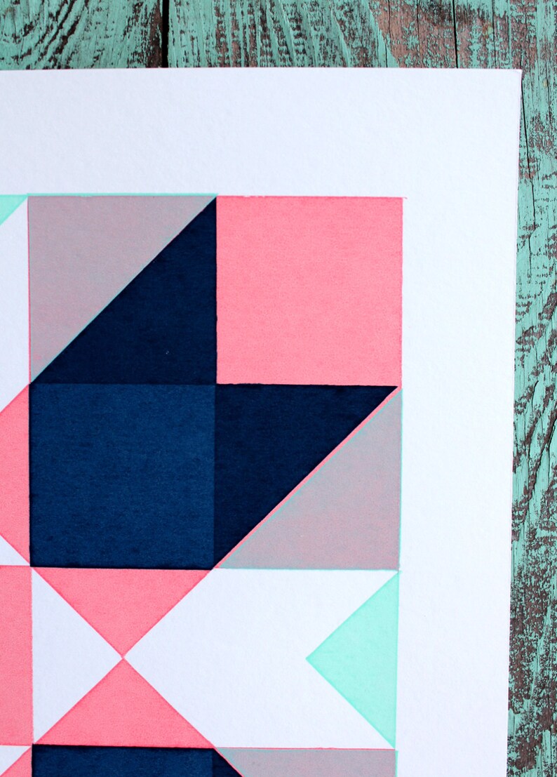 SALE Geometric Quilt Square Screen Print Pink and Blue - Etsy