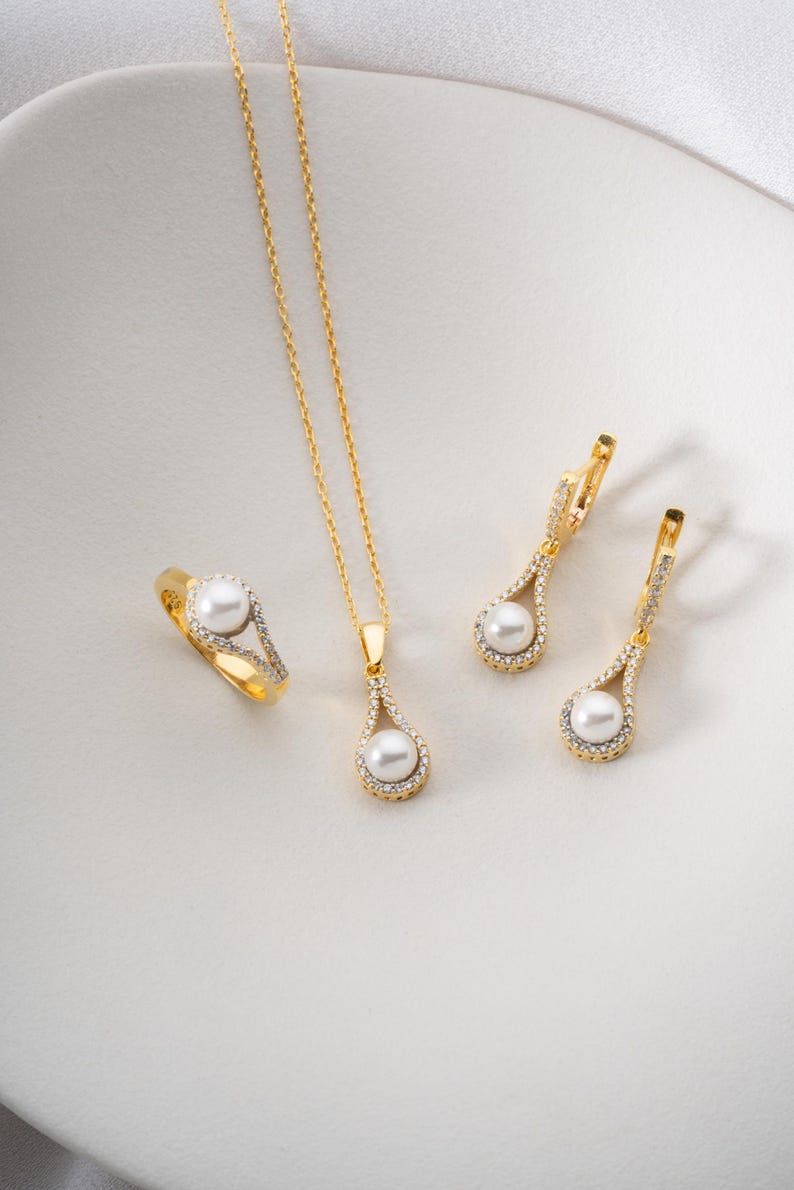 Pearl Drop Jewelry Set in 925 Sterling Silver, Pearl Necklace Earrings ...
