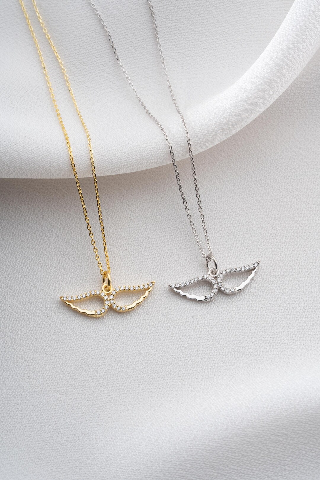 Angel Wing Necklace in 925 Sterling Silver, Zircon Wing Pendant, Gold ...