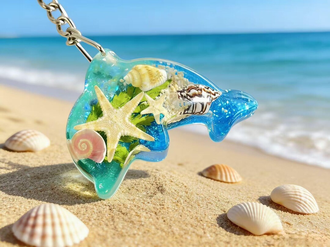 Ocean Dolphin Resin Keychain, Handmade Beach Charm With Real Seashells ...