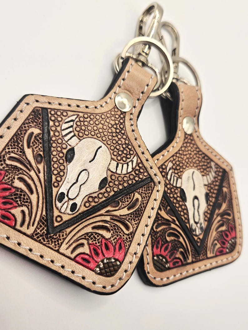 Tooled Leather Cow Tag Keychain | Western Keychain Bag Pendant - Etsy