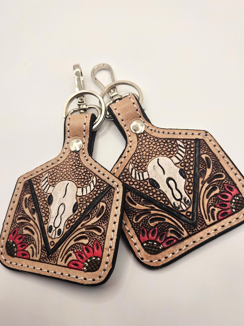 Tooled Leather Cow Tag Keychain | Western Keychain Bag Pendant - Etsy