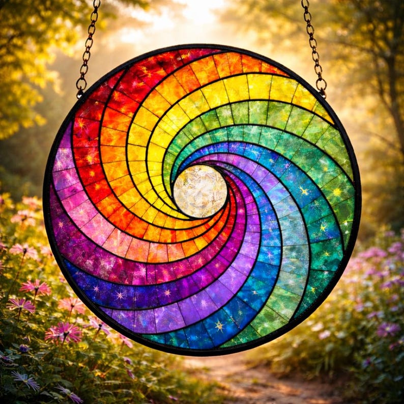 Rainbow Spiral Stained Glass Suncatcher, Colorful Mandala Sun Catcher ...