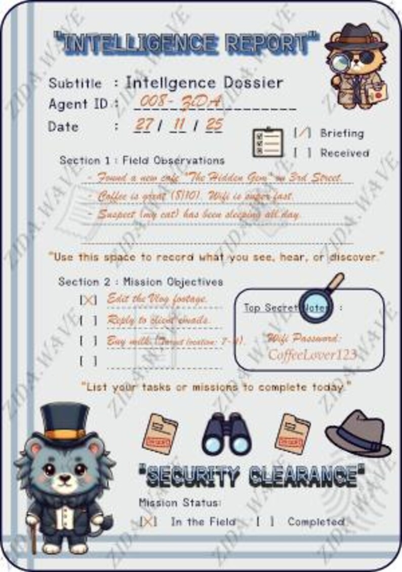 Intelligence Report Printable – Spy Journal, Mission Planner (digital ...
