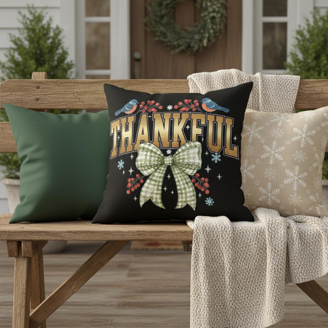 Thankful PNG, Winter Birds & Bow Sublimation Design, Thanksgiving ...