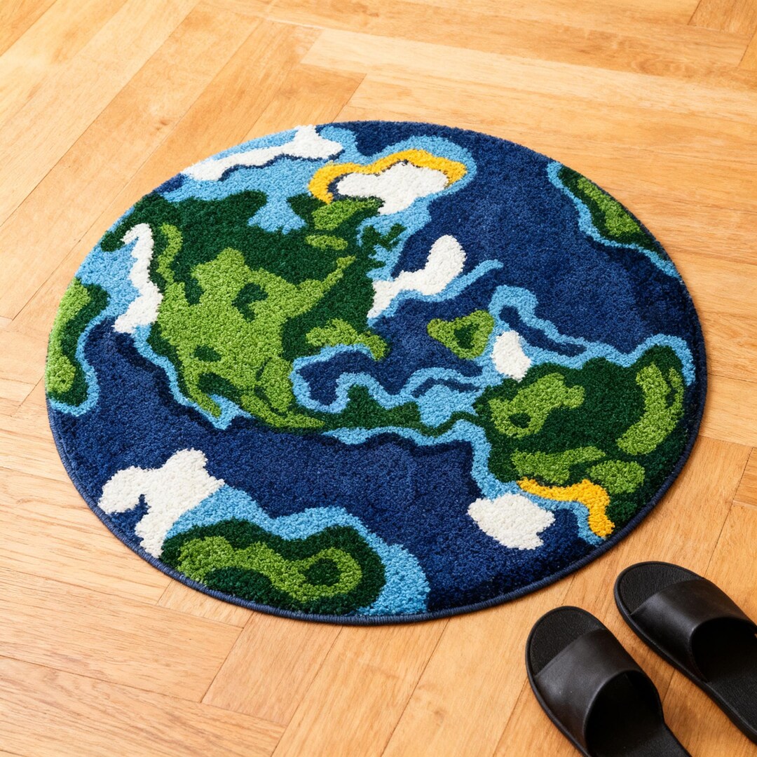 Colorful Earth Tufted Rug, Handmade Round Planet Carpet, World Map Area ...