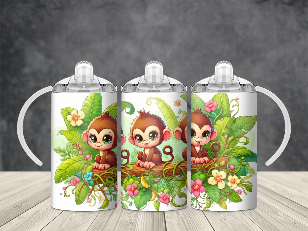 Cute Monkey 12oz Sippy Cup Tumbler Wrap, Jungle Animals Sublimation ...
