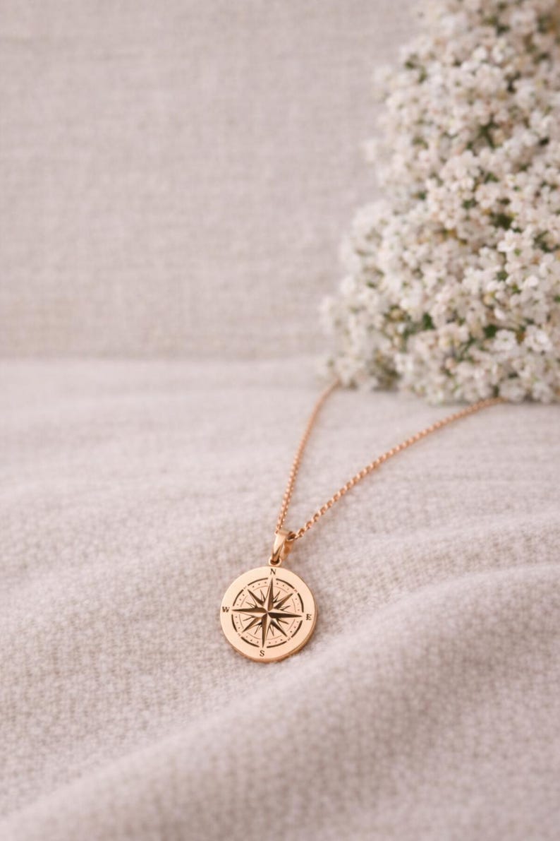 Dainty 14k Gold Compass Necklace, Personalized Compass Pendant, Compass ...