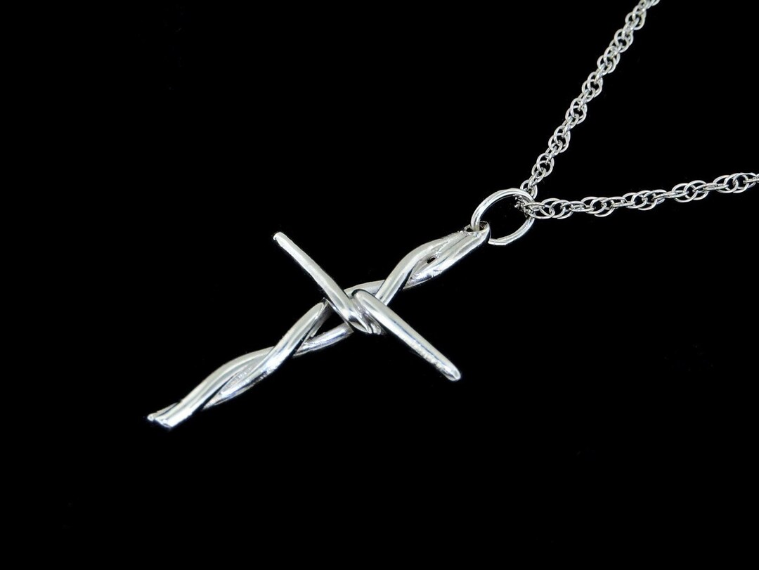 Small 14k White Gold Barbed Wire Cross Pendant or Necklace (optional ...
