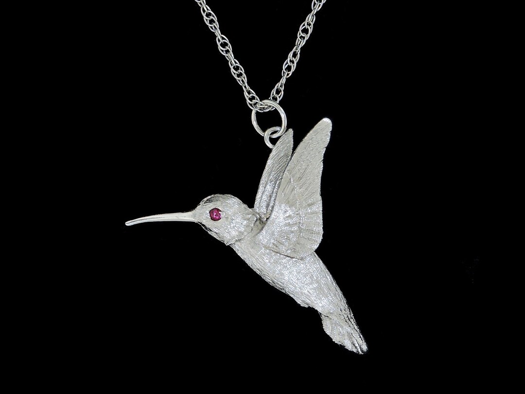 Small 14k White Gold Hummingbird With Ruby Eye Pendant or Necklace ...