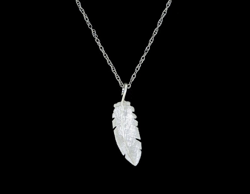 Solid 14K White Gold Double Sided Feather Pendant or Necklace (optional ...