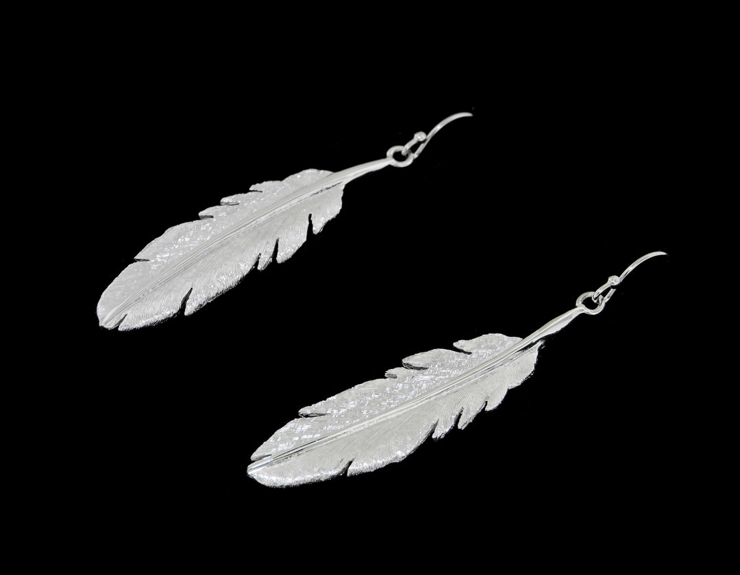 Medium 14k White Gold Raven Feather Dangle Earrings - Etsy