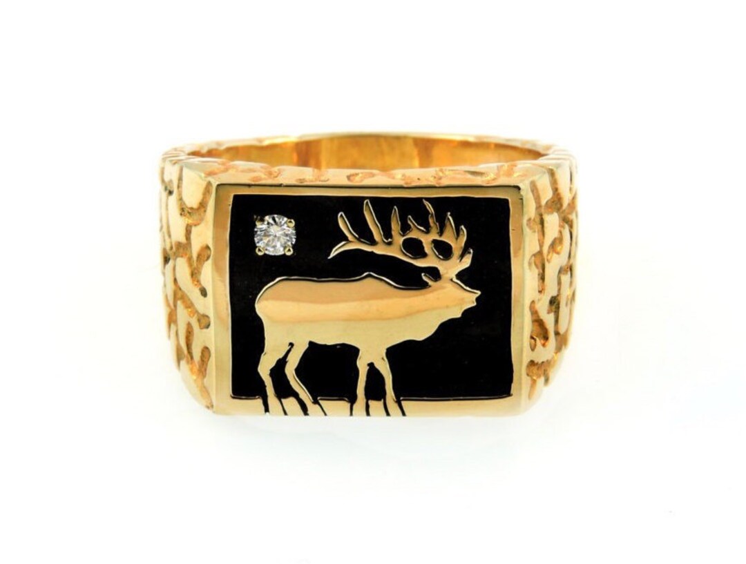 14k Yellow Gold and Diamond Bull Elk Men's Ring - Etsy