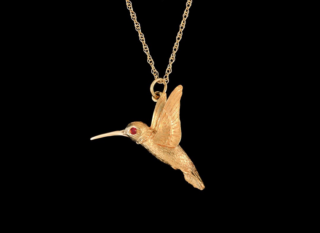 Small 14k Yellow Gold Hummingbird With AAA Ruby Eye Pendant or Necklace ...