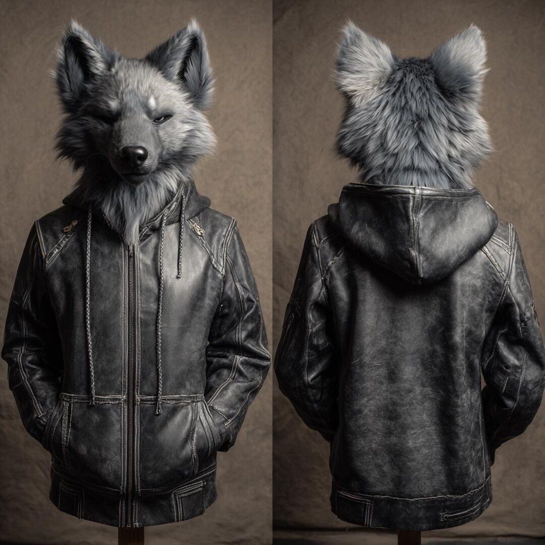 Grey Wolf Fursona Leather Hoodie, Cosplay Costume Jacket - Etsy