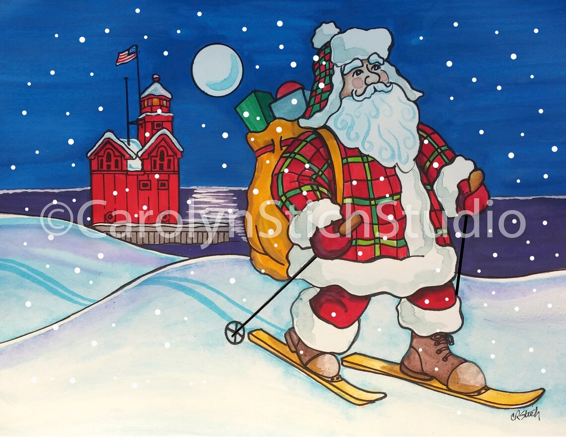 Santa on the Beach Matted Print and Greeting Card by Carolyn Stich ...