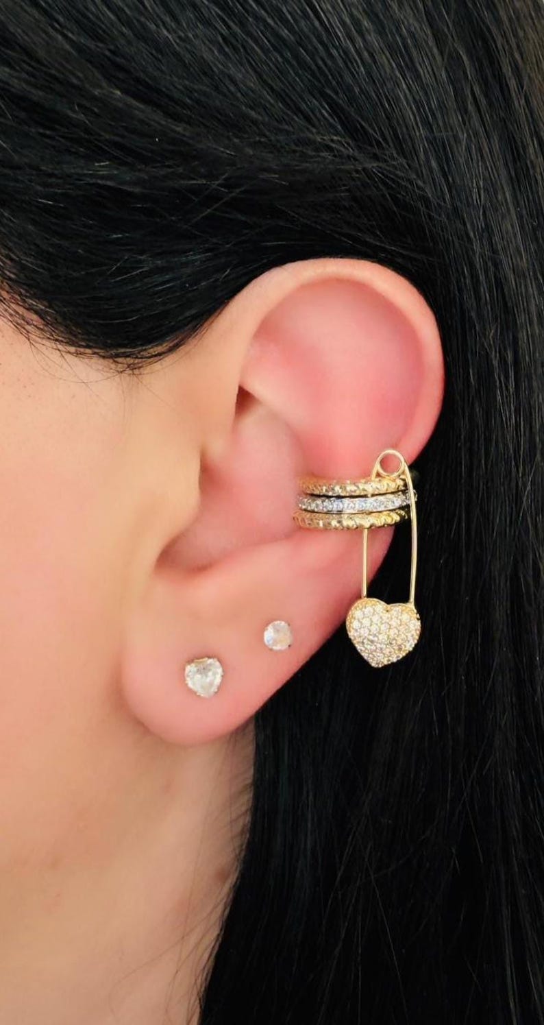 Safety Pin Ear Cuff - Sparkling Heart Dangle Earring - No Piercing Punk ...