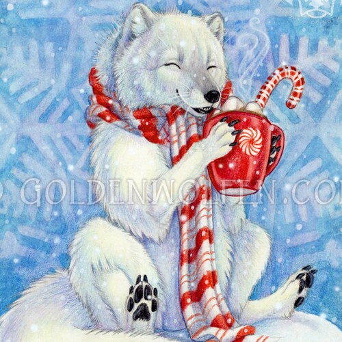 Arctic Fox With Peppermint Hot Cocoa Print - Etsy