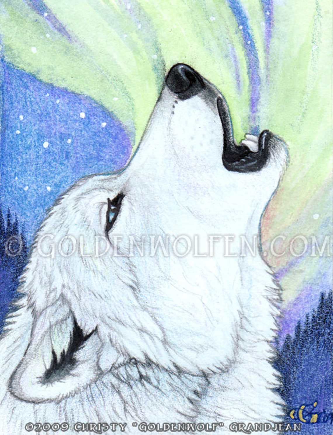 White Wolf Howling Aurora Miniprint - Etsy