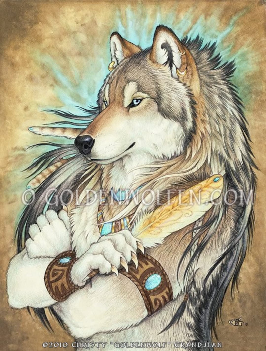 Native Anthro Wolf With Golden Feather Print - Etsy