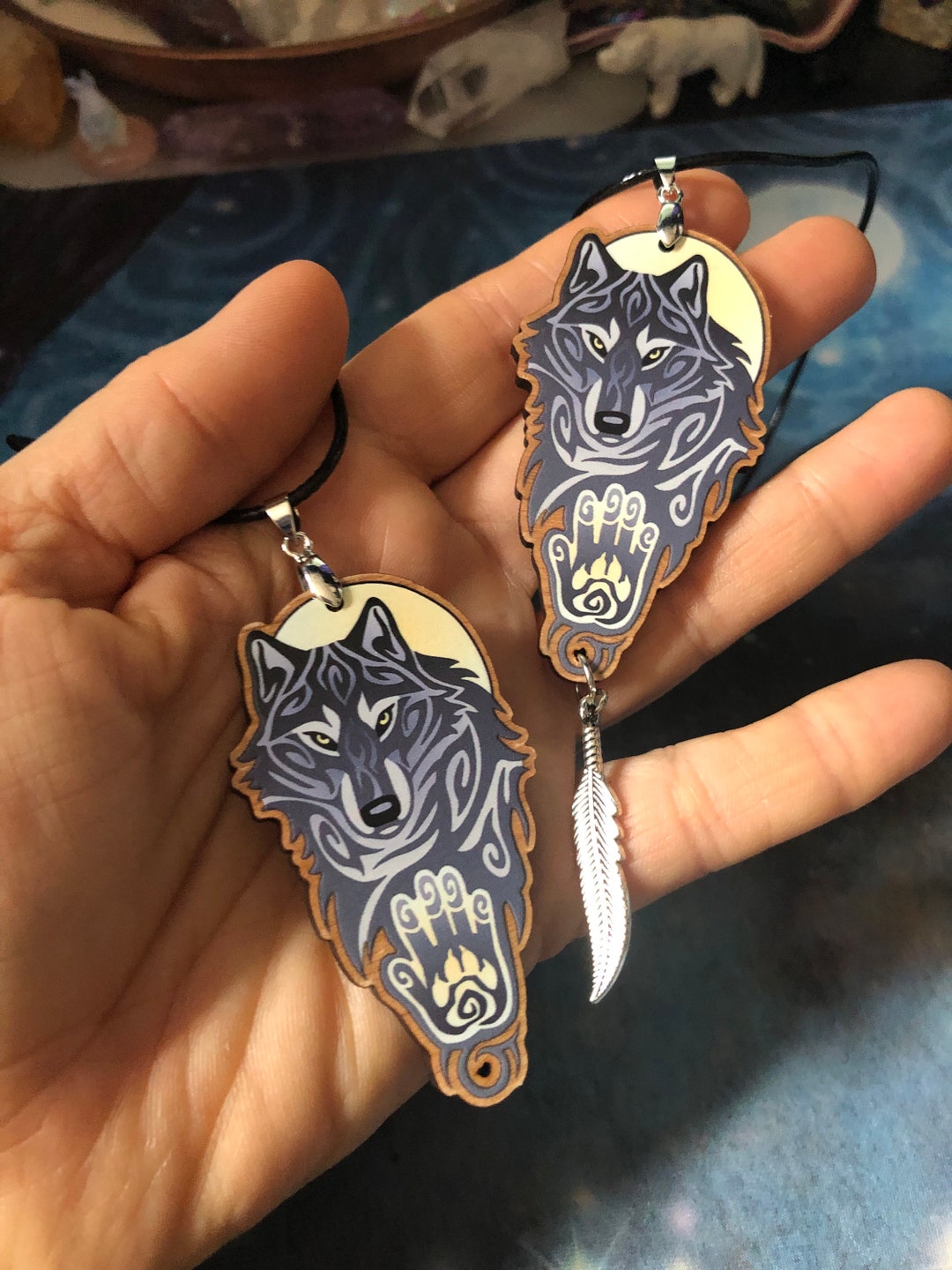 Wolf Handprint Tribal Design Gray Wooden Printed Pendant - Etsy