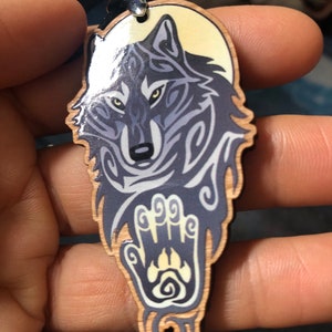 Wolf Handprint Tribal Design Gray Wooden Printed Pendant - Etsy