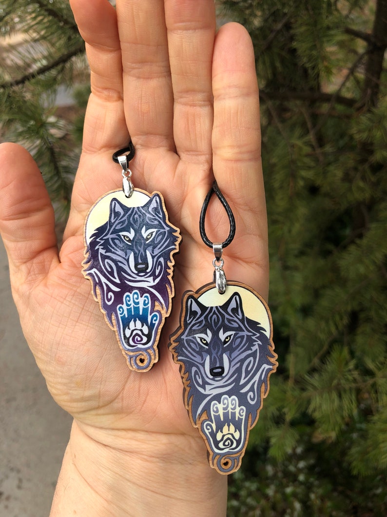 Wolf Handprint Tribal Design Multicolor Wooden Printed Pendant - Etsy