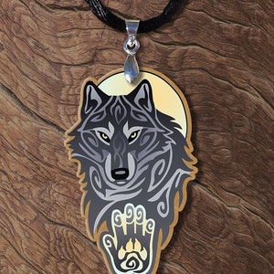 Wolf Handprint Tribal Design Gray Wooden Printed Pendant - Etsy