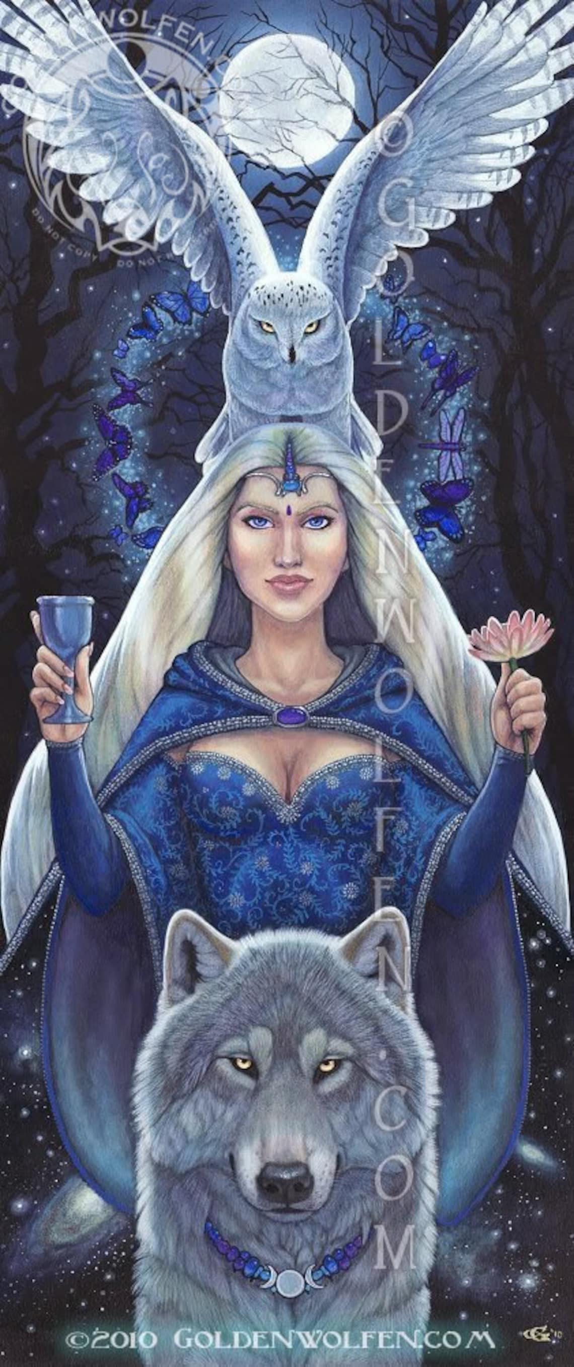 Goddess Priestess With Wolf and Owl Print - Etsy