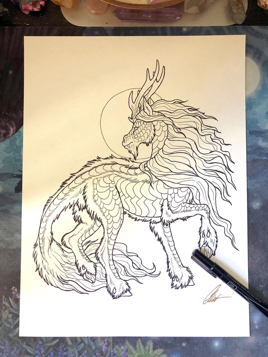 Kirin Asian Unicorn Dragon Original Ink Drawing - Etsy