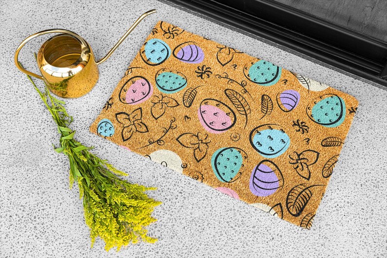 Easter Egg Doodle Doormat, Hand Drawn Easter Welcome Mat, Modern Floral ...